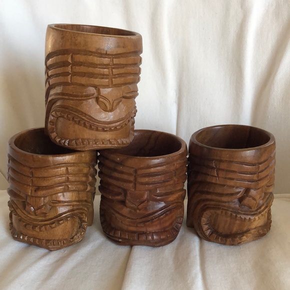 Handmade | Dining | Set 4 Wood Tiki Mugs Carved Solid Party Hawaii ...
